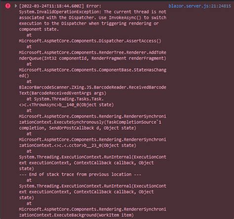 blazor server zxing barcode scanner the current thread is not