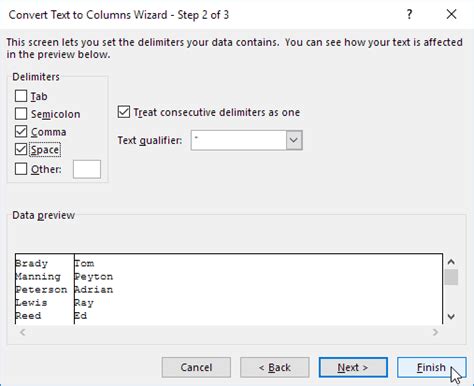 information for u split names by using the convert text to columns