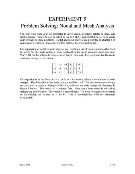 experiment 5 problem solving nodal and mesh analysis