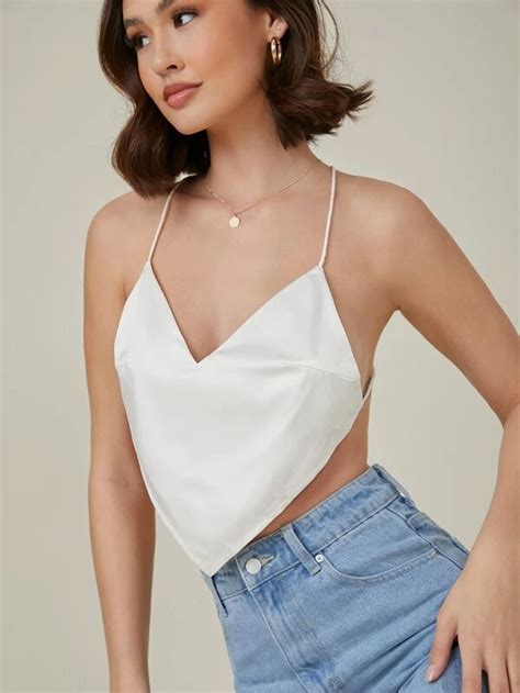 Shein Satin Crisscross Cami Backless Crop Top In 2021 Satin Top