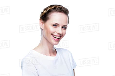 Portrait Of Attractive Smiling Woman In White T Shirt Isolated On