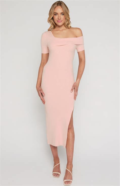 Asymmetric Neckline Knit Midi Dress Wkn580 Style State
