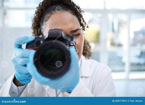 Camera Medical And Forensics With Black Woman In Laboratory For