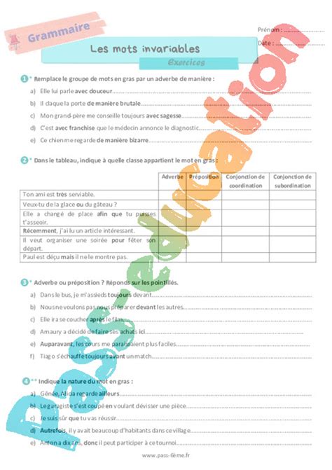 Les Mots Invariables Exercices De Grammaire Pour La 6ème Pdf à Imprimer