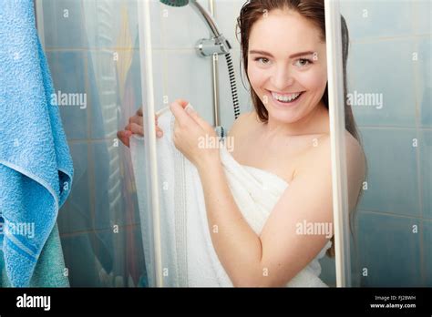 Girl Showering In Shower Cabin Cubicle Enclosure Young Woman With
