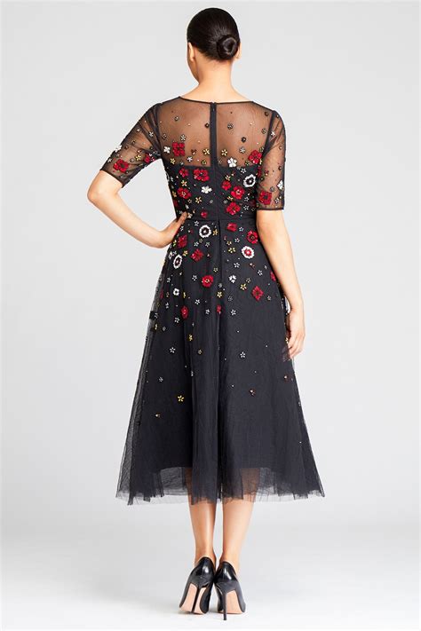 Elbow Sleeve Floral Applique Tea Length Dress Teri Jon Tea Length