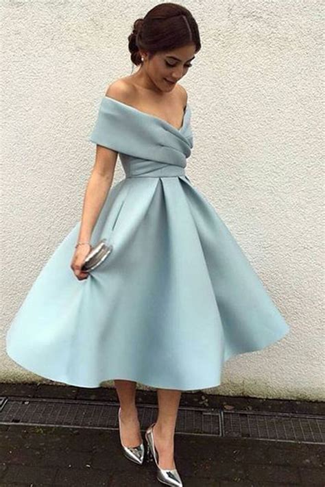 Light Blue Chiffon Off Shoulder A Line Knee Length Dress Formal Dress
