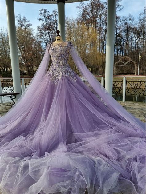 Custom Couture Purple Wedding Gown Iris Tulle Dress With 3d Flowers