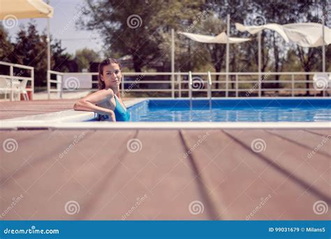 One Young Adult Woman Posing Relaxing Swimming Pool Edge Water