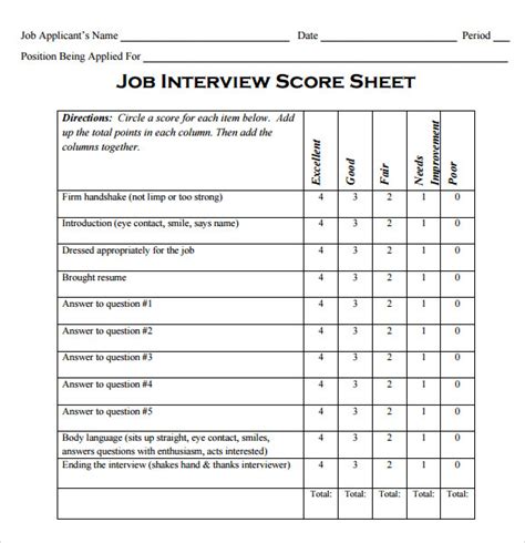 interview rubric template excel