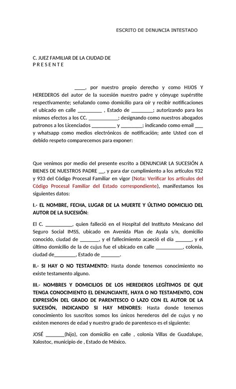 Denuncia Sucesion Intestamentaria Escrito De Denuncia Intestado C