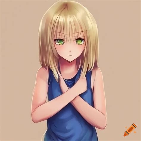 Anime Girl With Blonde Hair And Green Eyes In A Pink Sleeveless Shirt