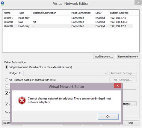 vmnet0 is missing from virtual network editor of vmware workstation 10