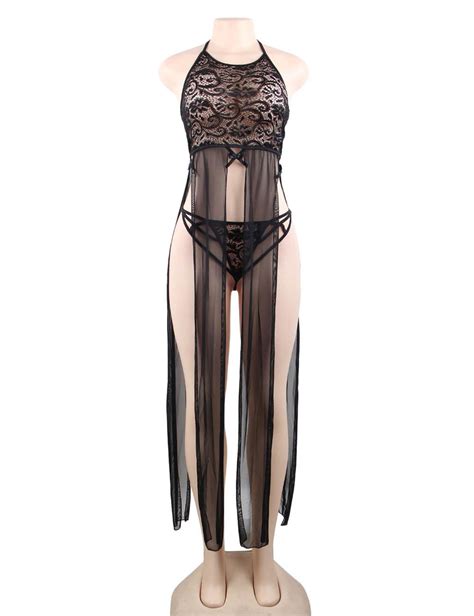 Plus Size Elegant Black Hollow Out Lace Sexy Nightgown Ohyeah