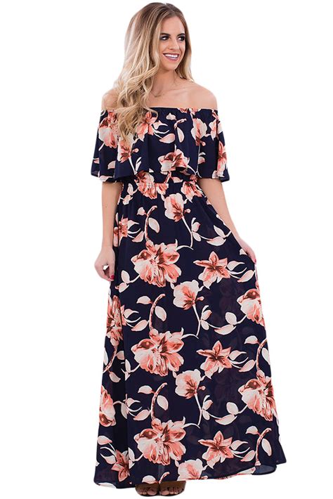 Sexy Navy Blue Boho Vibe Floral Print Off Shoulder Maxi Dress Sexy