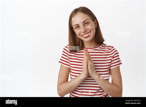 Thank You Pleasant Smiling Blond Woman Show Namaste Appreciation
