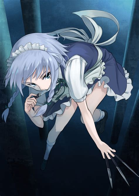 Safebooru Bent Over Blue Eyes Braid Izayoi Sakuya Knife Maid Maid