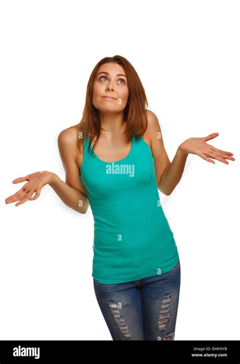 Woman Throws Her Hands She Did Not Understand Surprised Looks Upwards