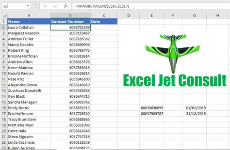 how to generate random contact numbers and dates using randbetween