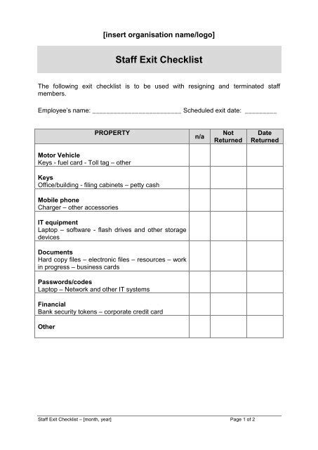 Free Employee Exit Checklist Template Ncejomunicipaldechinu