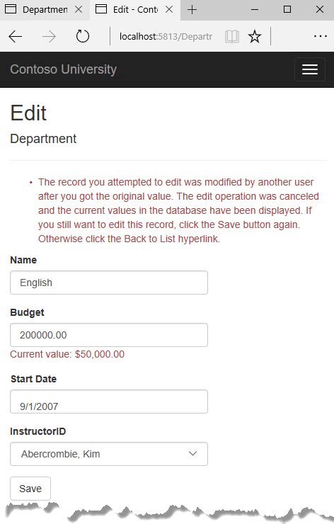 tutorial handle concurrency asp mvc with ef core microsoft learn