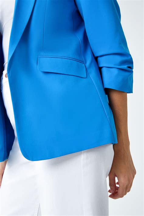Blue Ruched Sleeve Stretch Blazer Roman Uk