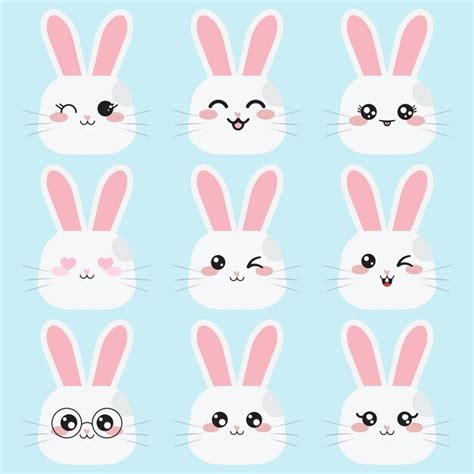 Cute Kawaii Kaninchen Zeichentrick Emoji Satz Von Niedlichen Kaninchen