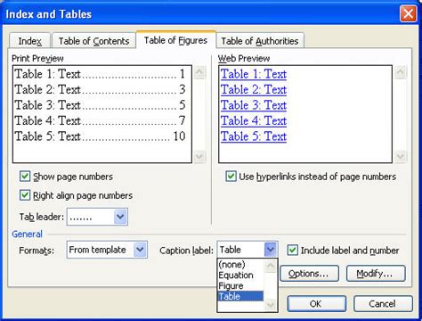 how to create a list of tables in ms word 2003 technical