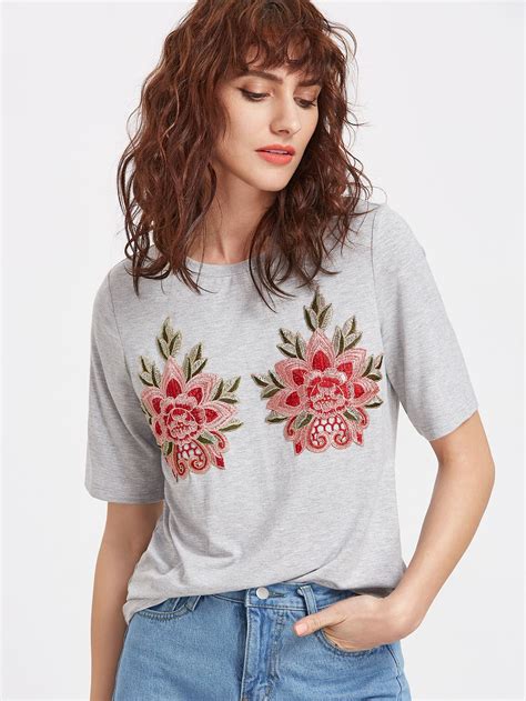 Embroidered Flower Applique T Shirt Fashion Clothes Women Women Fashion