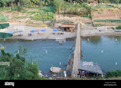 Bamboo Bridge Over The River Nam Khan In Luang Prabang Laos Stock