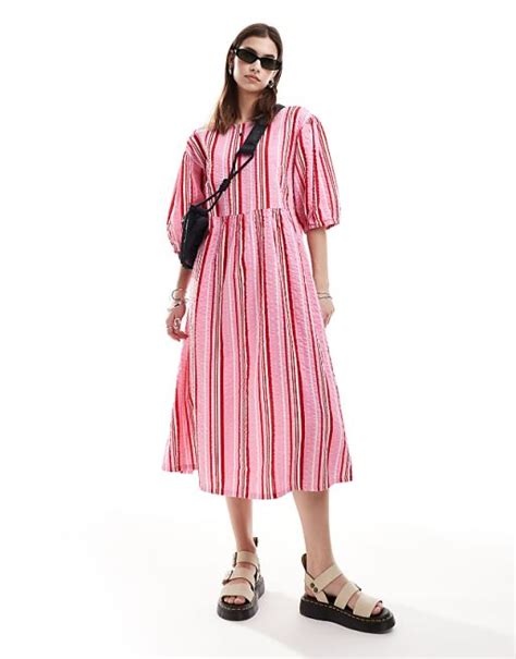Monki Seersucker Smock Midi Dress In Multi Color Stripe Asos