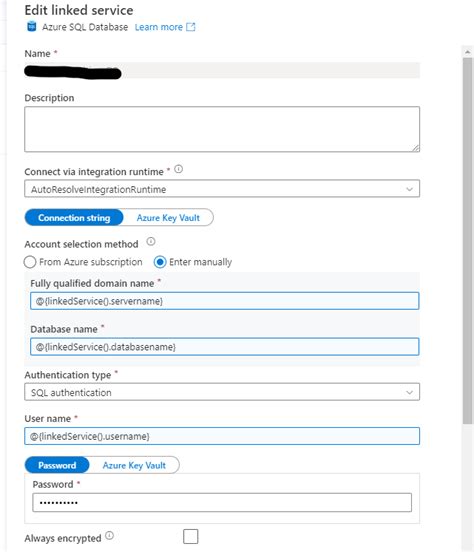 azure data factory linked service settings for sql is not consistent