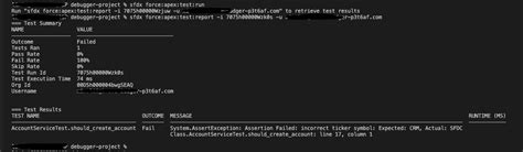 salesforce command sfdx run apex tests resulted in an error