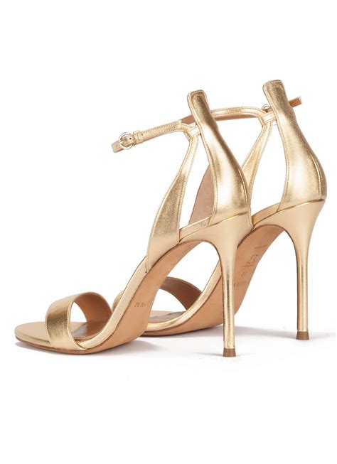 Ankle Strap High Heeled Sandals In Gold Metallic Leather Pura Lopez