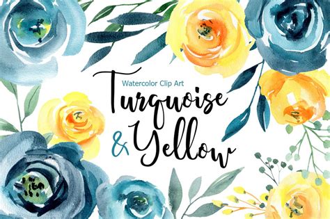 Watercolor Blue Yellow Roses Flowers Decorative Illustrations