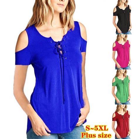 Buy Women Sexy Off Shoulder Tops Solid Color Threading Short Sleeve T