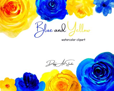 Watercolor Colorful Clipart Blue And Yellow Roses Flowers Etsy