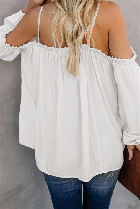 White Casual Cold Shoulder Ruffle Long Sleeve Top Shop For Cheap White