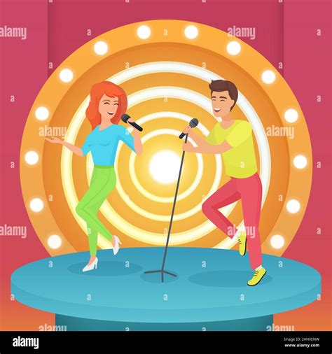 Couple Man And Woman Singing Karaoke Song With Microphone Standing On