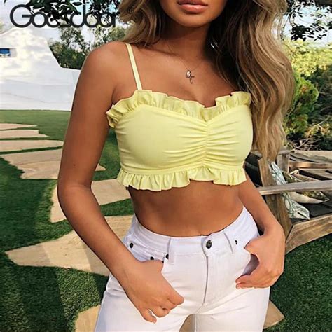 Goesdoor Ruffles Short Tank Top Women Strap Back Zipper Crop Top 2018