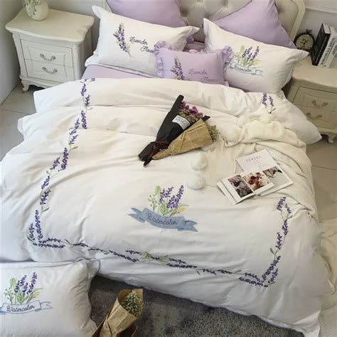 Purple Lavender Embroidered Luxury Bedding Sets King Queen Size White