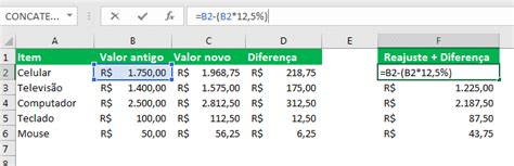 como subtrair no excel uma célula de outra com a função de subtração