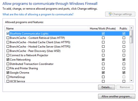 windows firewall exceptions bluenote lights legacy