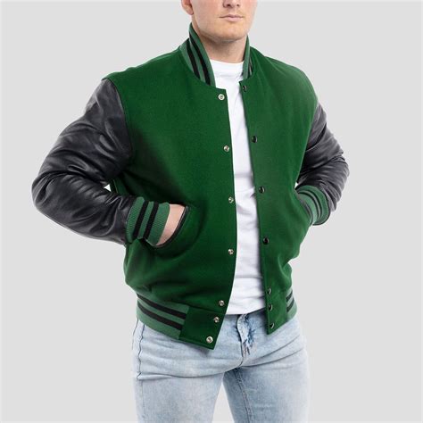 Varsity Base Men Jacket Kelly Green Wool Body Black Leather Sleeves
