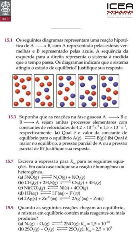 Lista De Exercícios Equilíbrio Químico Resolvidos
