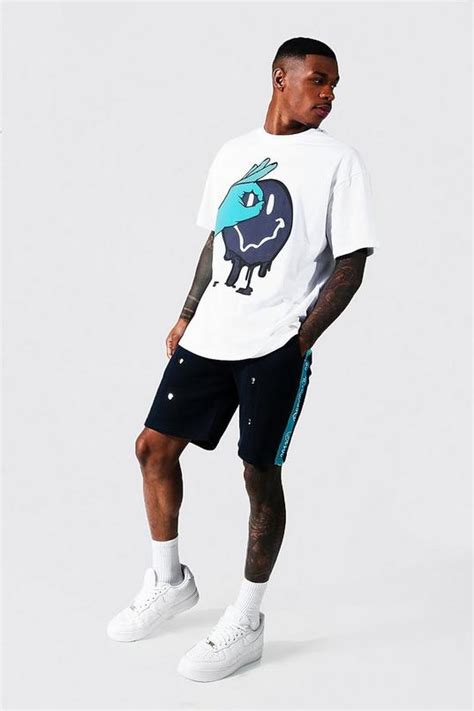 Mens Oversized Drip Face Tee And Popper Short Set Boohoo