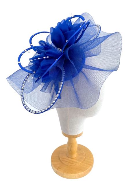 Large Royal Blue Fascinator With Pearl Loops