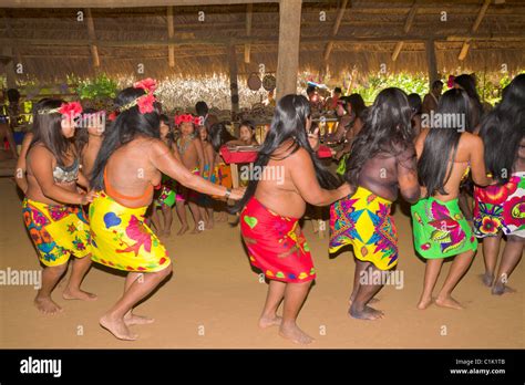 Woman Of The Native Indian Embera Tribe Dancing Embera Village Stock