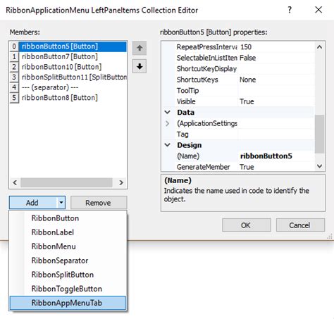 application menu collection editors componentone ribbon for winforms