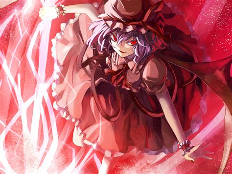 Safebooru 1girl Bat Wings Eredhen Fang Hat Lavender Hair Red Eyes